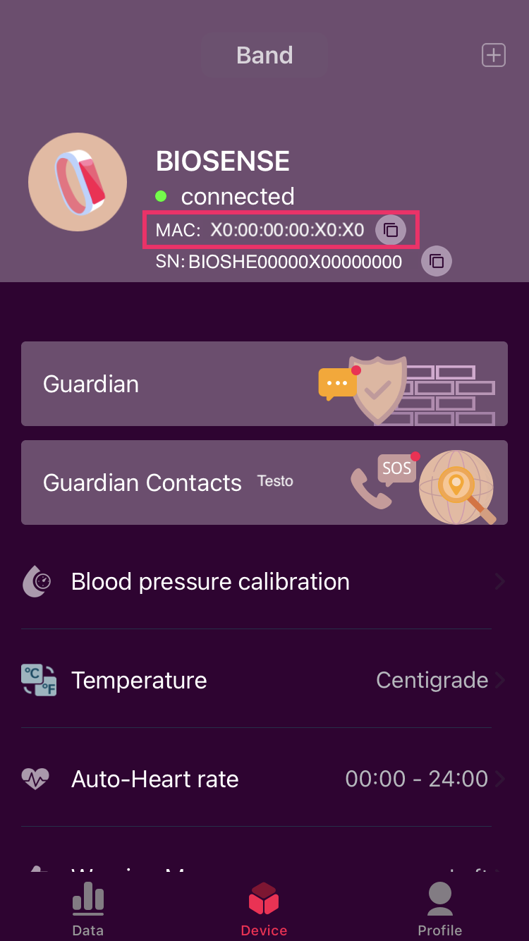 Where can I find the BioSense Bluetooth, Firmware Version or MAC address information? | info ...